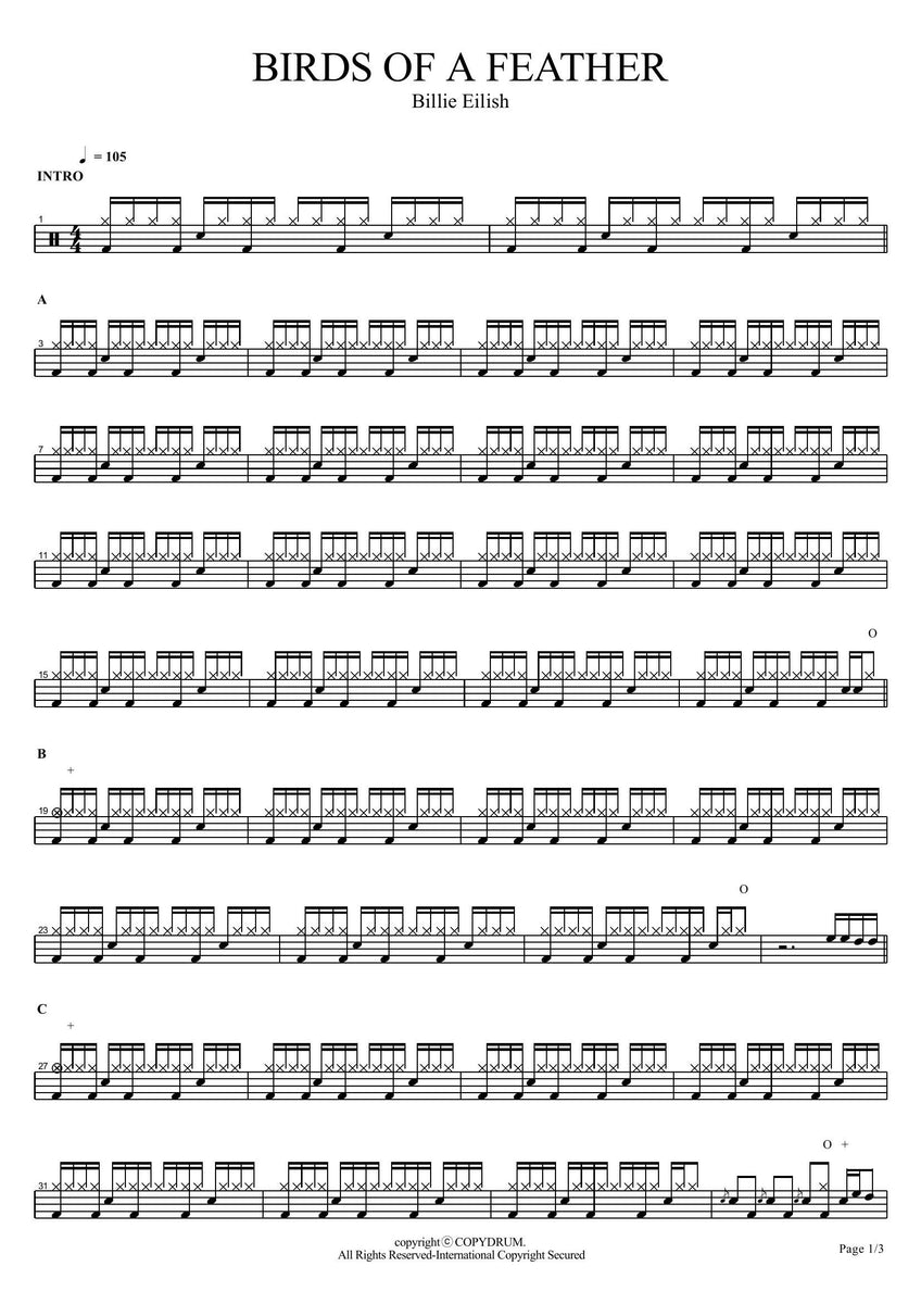 BIRDS OF A FEATHER - Billie Eilish - Full Drum Transcription / Drum Sh ...