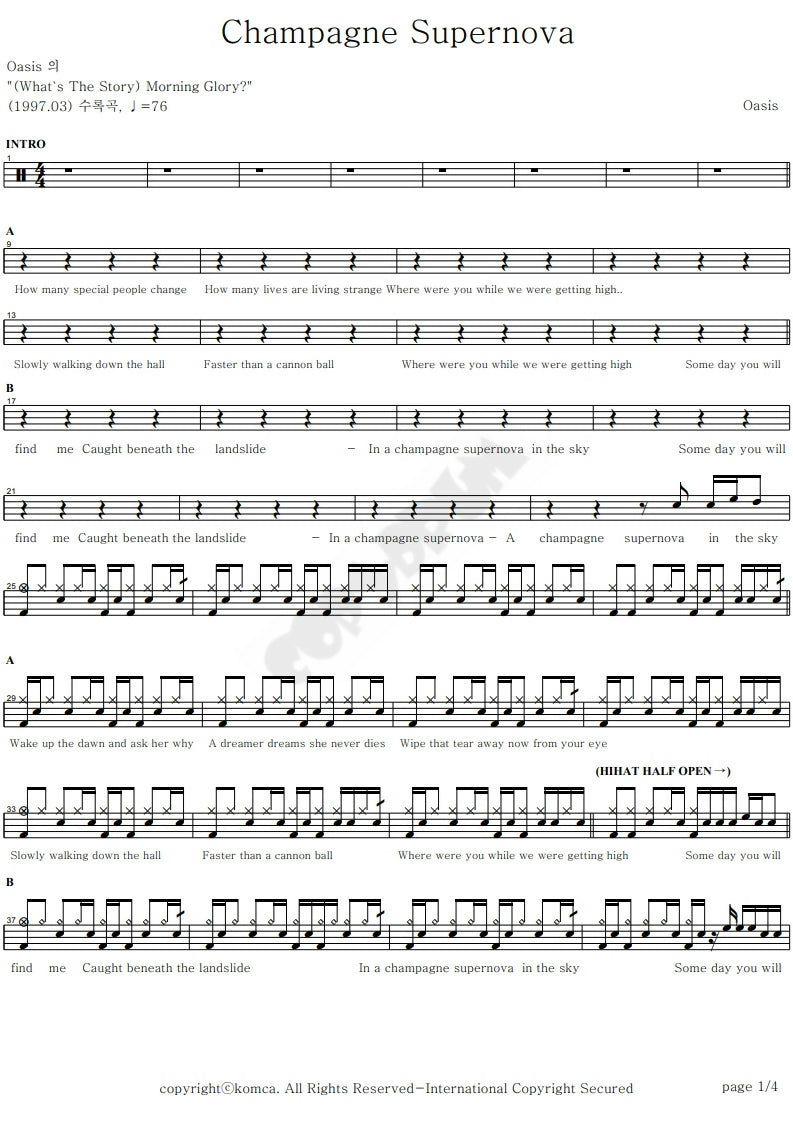 Champagne Supernova - Oasis - Drum Sheet Music - COPYDRUM – DrumSetSheetMusic
