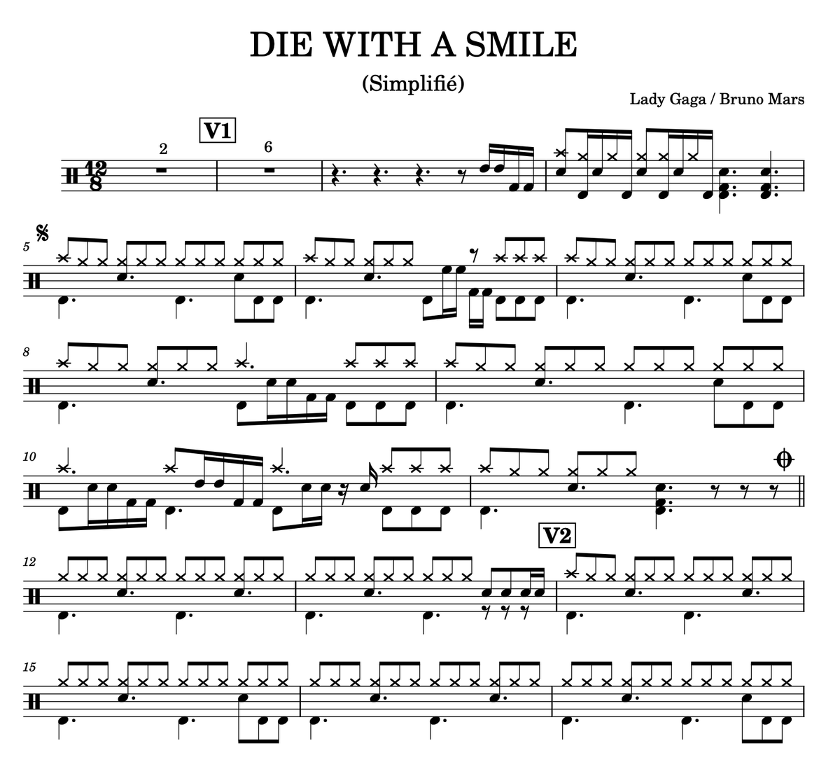 Die With a Smile - Lady Gaga & Bruno Mars - Drum Sheet Music - Rossoni ...