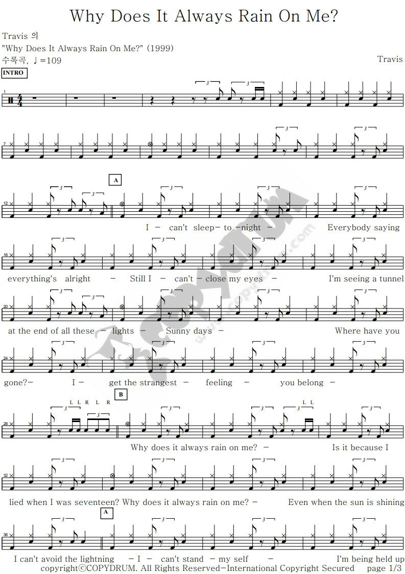 Why Does It Always Rain on Me - Travis - Drum Sheet Music - COPYDRUM – DrumSetSheetMusic