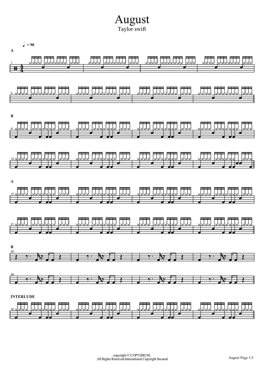 August - Taylor Swift - Drum Sheet Music - COPYDRUM – DrumSetSheetMusic