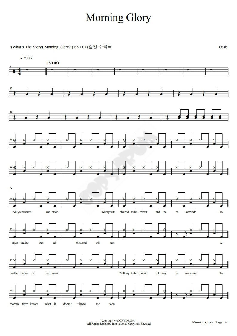 Morning Glory - Oasis - Drum Sheet Music - COPYDRUM – DrumSetSheetMusic