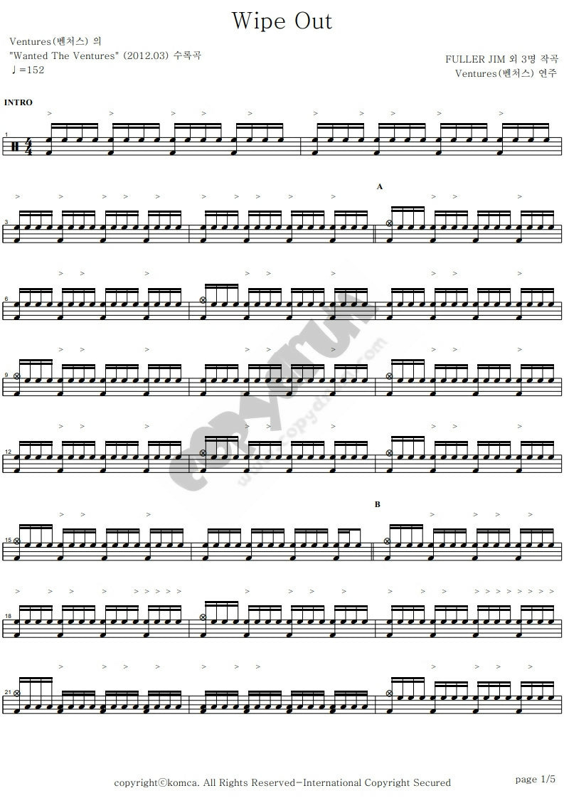 Wipe Out - The Ventures - Drum Sheet Music - COPYDRUM – DrumSetSheetMusic