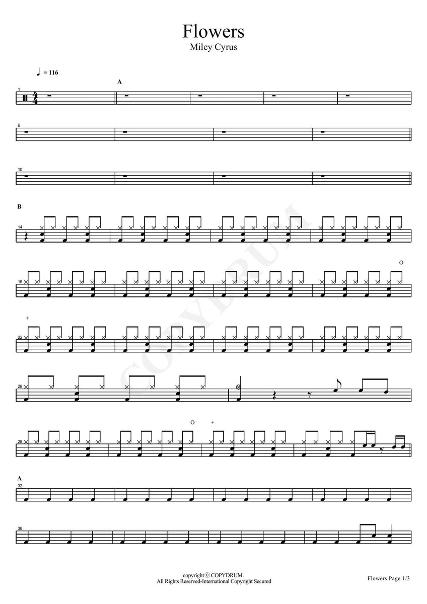 Flowers - Miley Cyrus - Full Drum Transcription / Drum Sheet Music - C ...