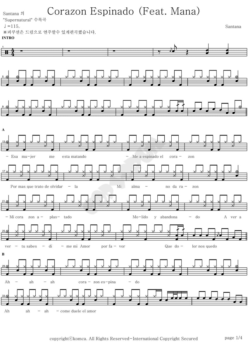 Corazon Espinado (feat. Maná) - Santana - Drum Sheet Music - COPYDRUM ...