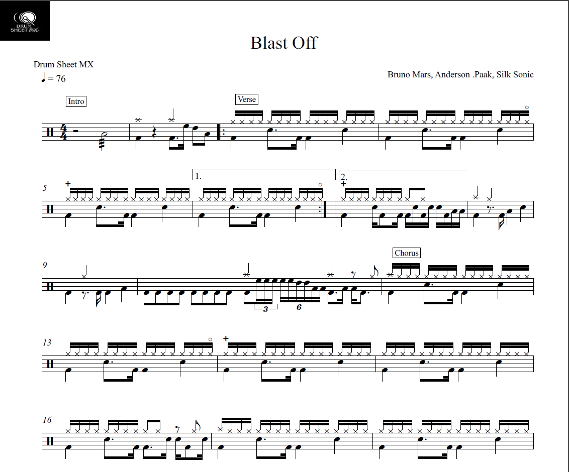 Blast Off - Bruno Mars, Anderson .Paak, Silk Sonic - Drum Sheet Music ...