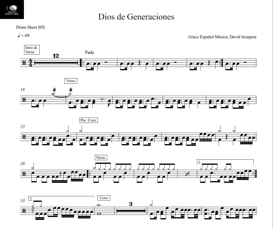 Dios De Generaciones - Grace Español Música & David Scarpeta - Drum Sheet Music - Drum Sheet MX ...