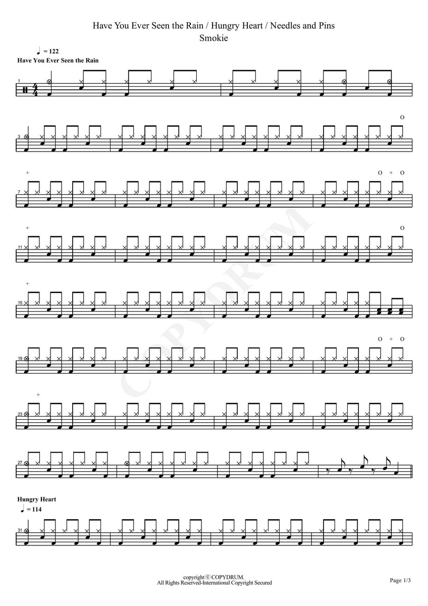 Have You Ever Seen the Rain Hungry Heart Needles and Pins - Smokie - F – DrumSetSheetMusic