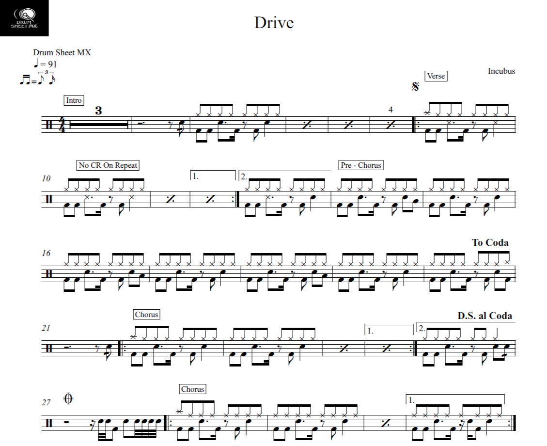 Drive - Incubus - Full Drum Transcription / Drum Sheet Music - Drum Sh – DrumSetSheetMusic