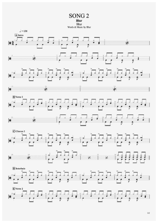 Song 2 - Blur - Drum Sheet Music - AriaMus.com – DrumSetSheetMusic
