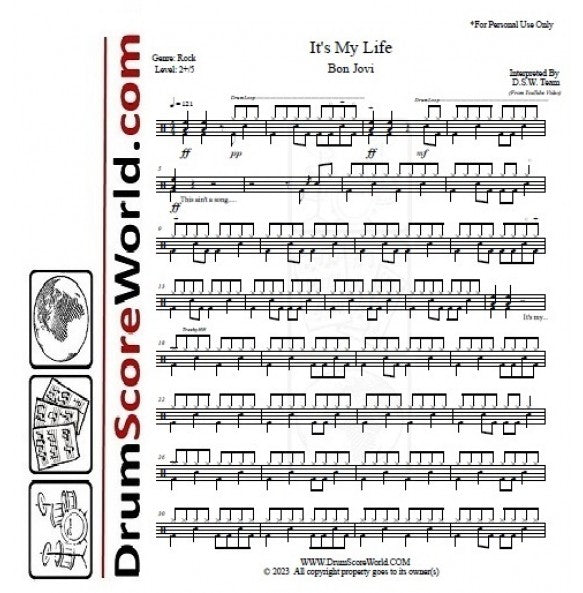 It's My Life - Bon Jovi - Drum Sheet Music - DrumScoreWorld.com – DrumSetSheetMusic