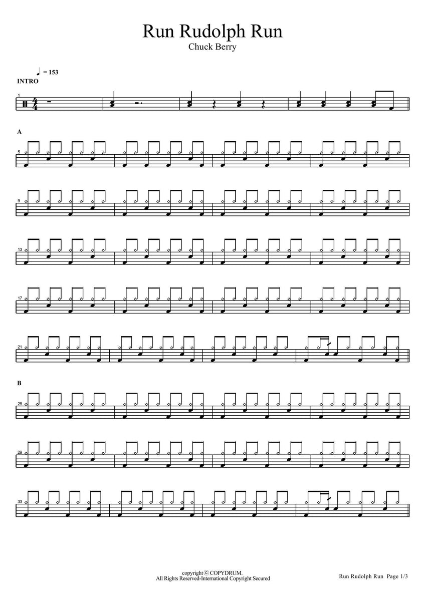 Run Rudolph Run - Chuck Berry - Drum Sheet Music - COPYDRUM ...