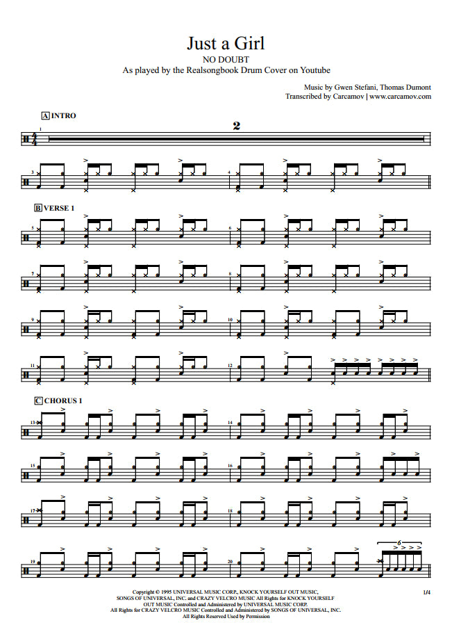 Just a Girl - No Doubt - Drum Sheet Music - Realsongbook ...