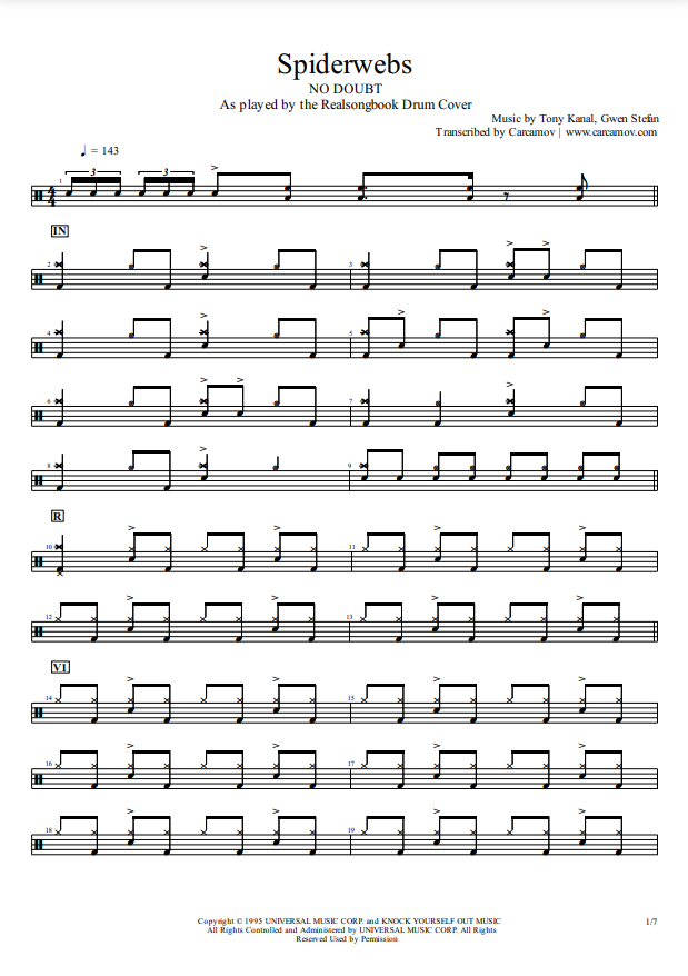 Spiderwebs - No Doubt - Drum Sheet Music - Realsongbook – DrumSetSheetMusic
