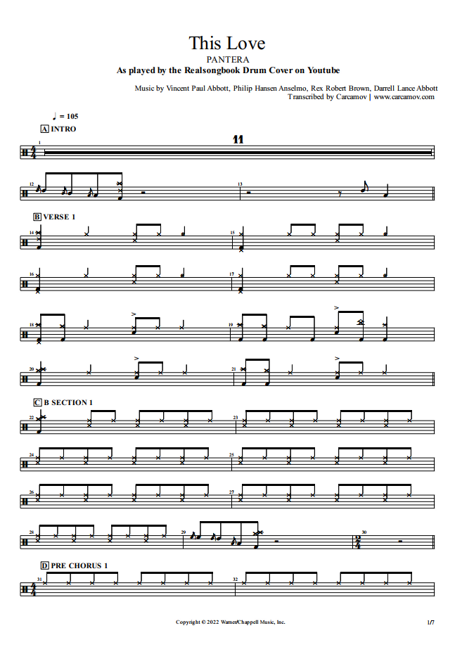 This Love - Pantera - Drum Sheet Music - Realsongbook – DrumSetSheetMusic