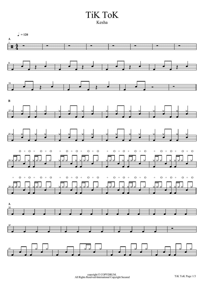 TiK ToK - Kesha - Full Drum Transcription / Drum Sheet Music - COPYDRU ...