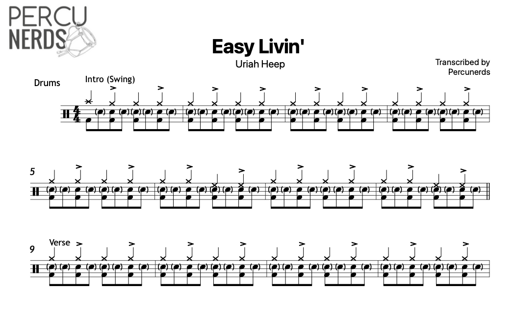 Easy Livin' - Uriah Heep - Drum Sheet Music - Percunerds Transcriptions – DrumSetSheetMusic