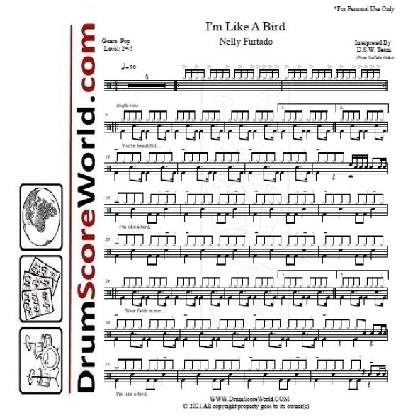 I'm Like a Bird - Nelly Furtado - Drum Sheet Music - DrumScoreWorld.com ...