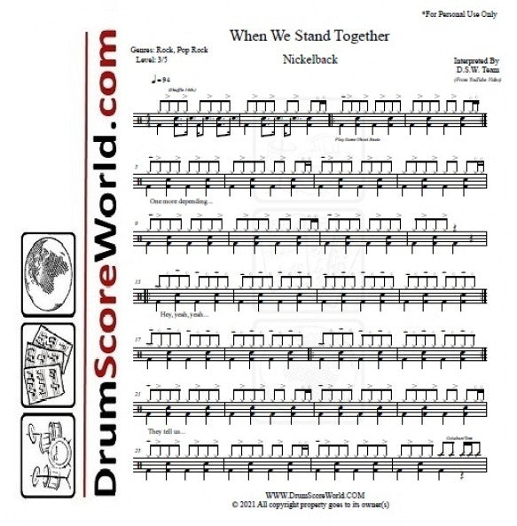 When We Stand Together - Nickelback - Drum Sheet Music - DrumScoreWorld.com – DrumSetSheetMusic