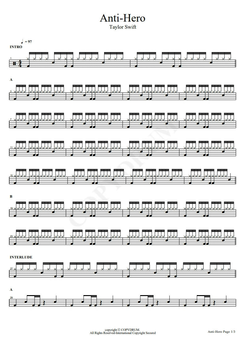 Anti Hero - Taylor Swift - Drum Sheet Music - COPYDRUM – DrumSetSheetMusic