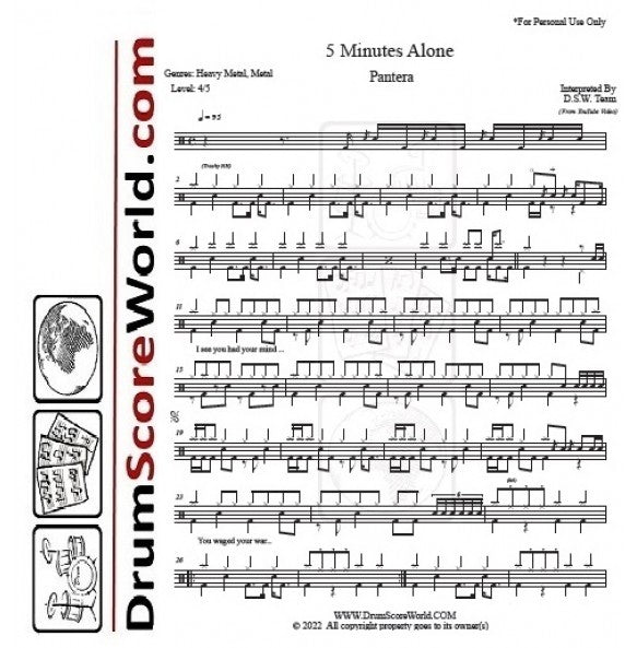 5 Minutes Alone - Pantera - Drum Sheet Music - DrumScoreWorld.com ...
