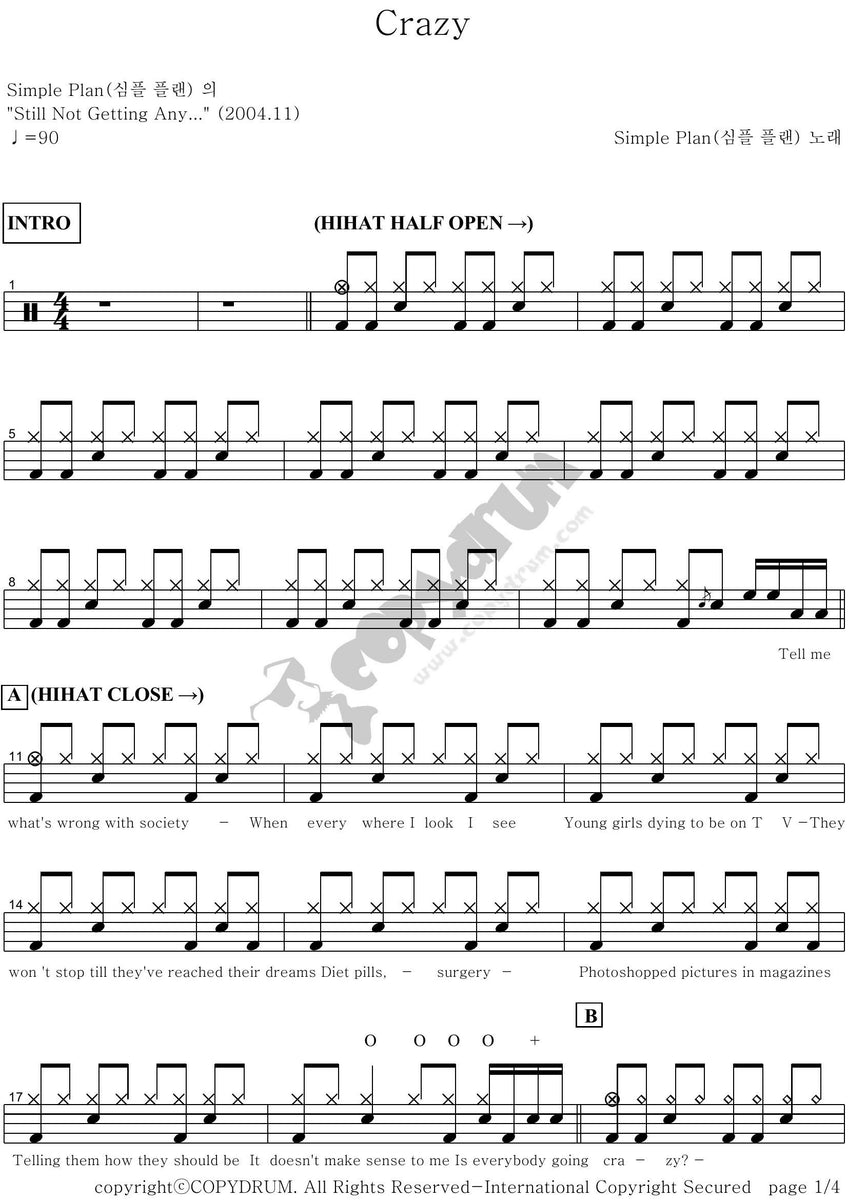 Crazy - Simple plan - Full Drum Transcription / Drum Sheet Music - COP – DrumSetSheetMusic
