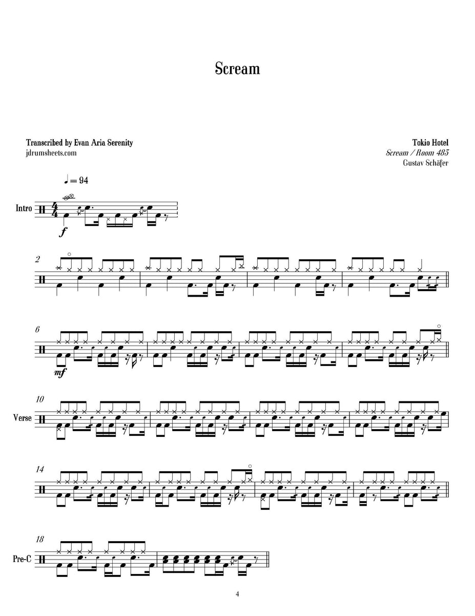 Scream - Tokio Hotel - Drum Sheet Music - Jaslow Drum Sheets – DrumSetSheetMusic
