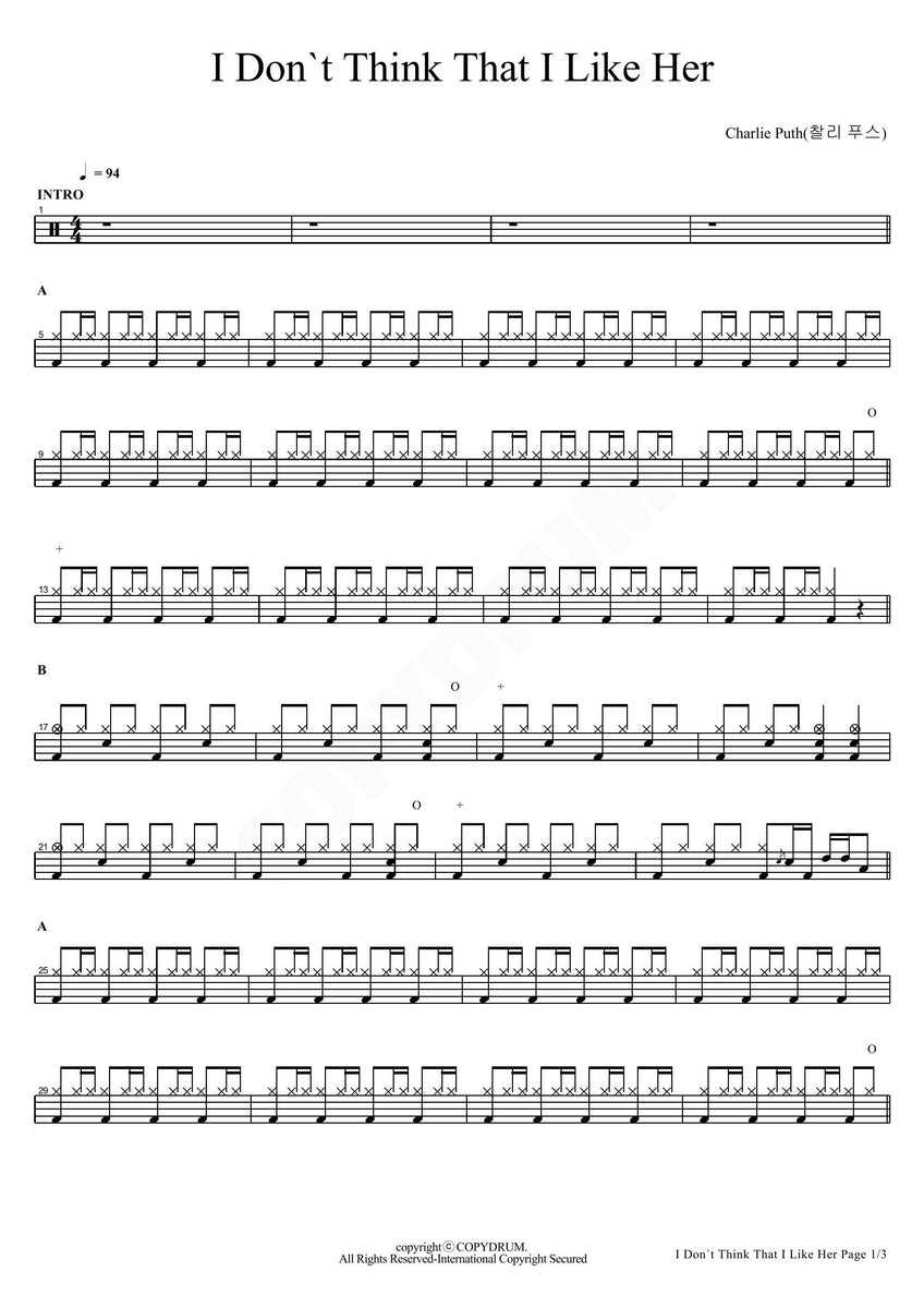I Don't Think That I Like Her - Charlie Puth - Drum Sheet Music ...