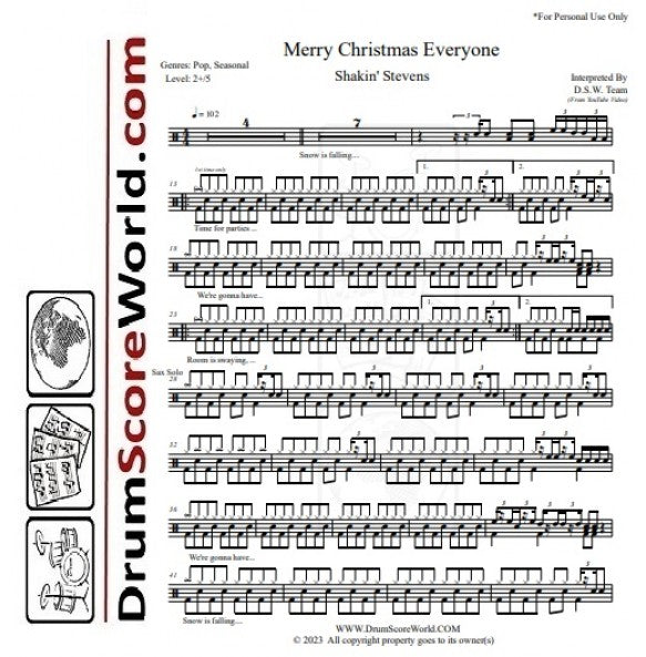 Merry Christmas Everyone - Shakin' Stevens - Drum Sheet Music ...