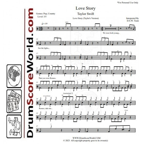 Love Story - Taylor Swift - Drum Sheet Music - DrumScoreWorld.com – DrumSetSheetMusic