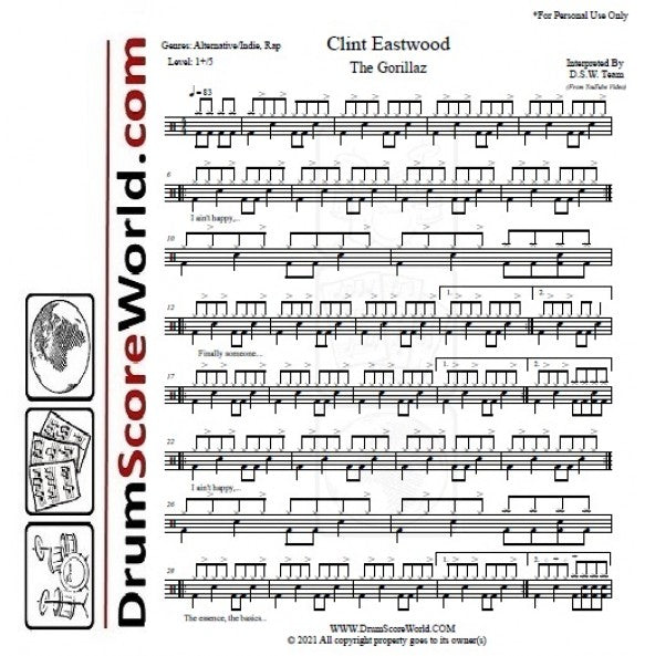 Clint Eastwood - Gorillaz - Drum Sheet Music - DrumScoreWorld.com – DrumSetSheetMusic