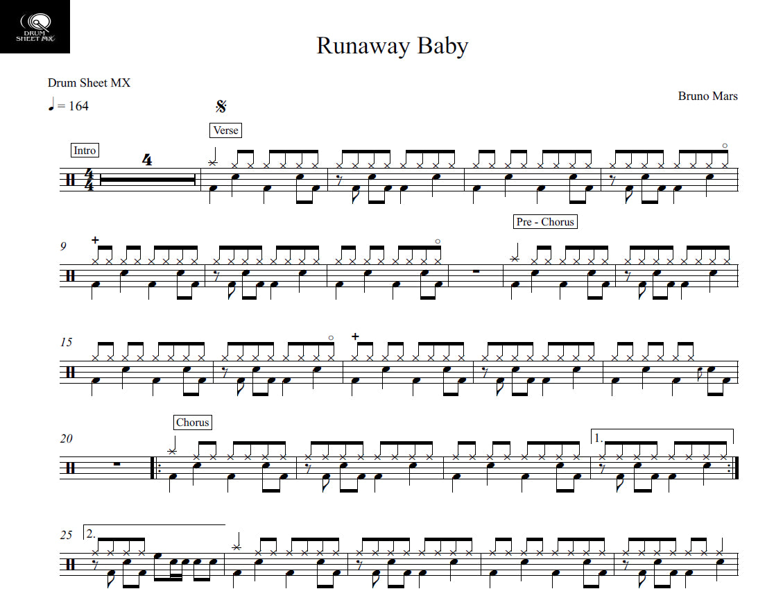 Runaway Baby - Bruno Mars - Drum Sheet Music - Drum Sheet MX – DrumSetSheetMusic