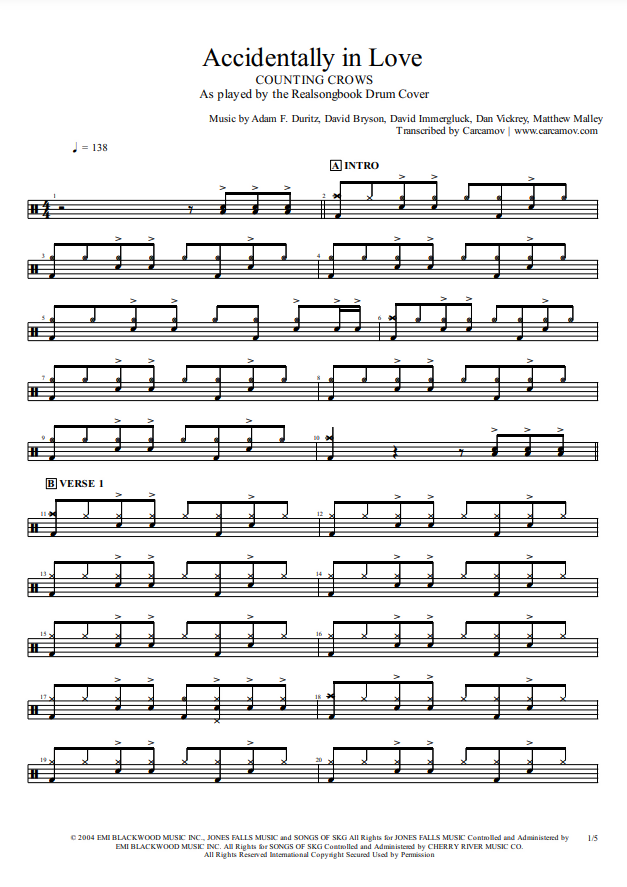 Accidentally in Love - Counting Crows - Drum Sheet Music - Realsongbook – DrumSetSheetMusic