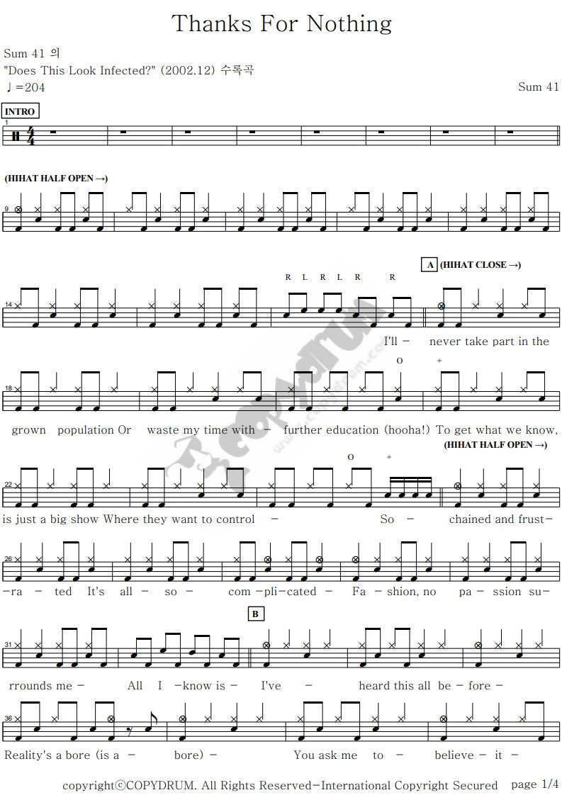 Thanks for Nothing - Sum 41 - Full Drum Transcription / Drum Sheet Mus – DrumSetSheetMusic