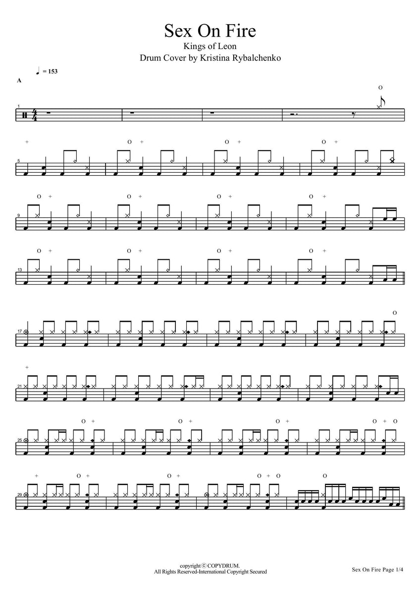 Sex On Fire Kristina Rybalchenko Drum Cover Kings Of Leon Drum Sheet Music Copydrum