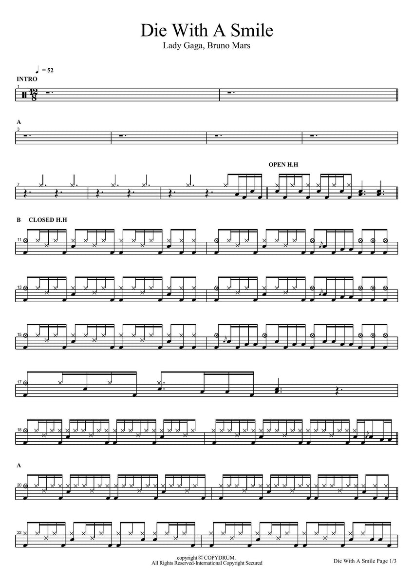 Die With A Smile - Lady Gaga, Bruno Mars - Full Drum Transcription / D ...