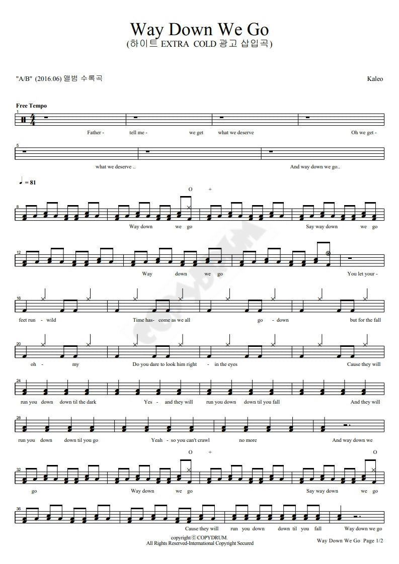 Way Down We Go - Kaleo - Drum Sheet Music - COPYDRUM – DrumSetSheetMusic