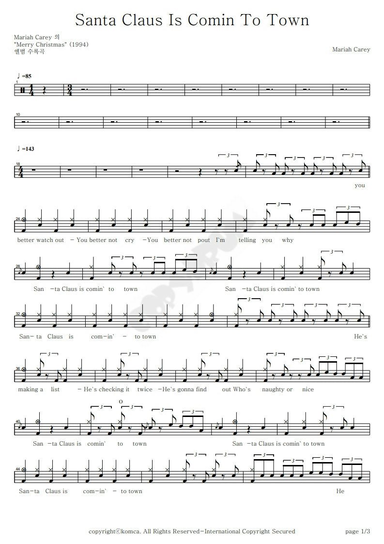 Santa Claus Is Comin' to Town - Mariah Carey - Drum Sheet Music ...