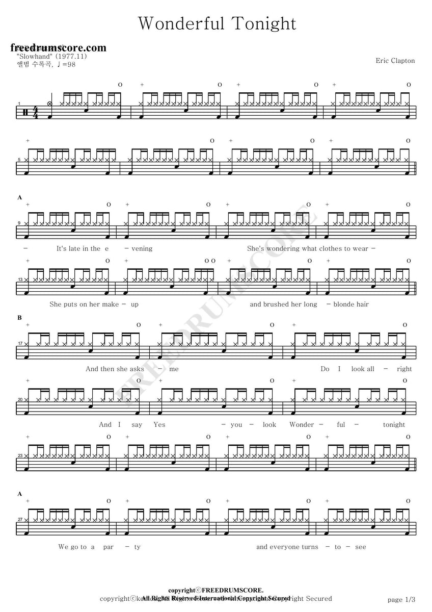 Wonderful Tonight - Eric Clapton - Full Drum Transcription / Drum Shee – DrumSetSheetMusic