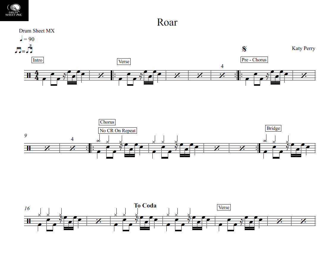 Roar - Katy Perry - Full Drum Transcription / Drum Sheet Music - Drum – DrumSetSheetMusic