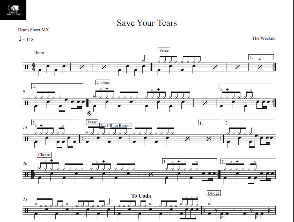 Save Your Tears - The Weeknd - Drum Sheet Music - Drum Sheet MX ...