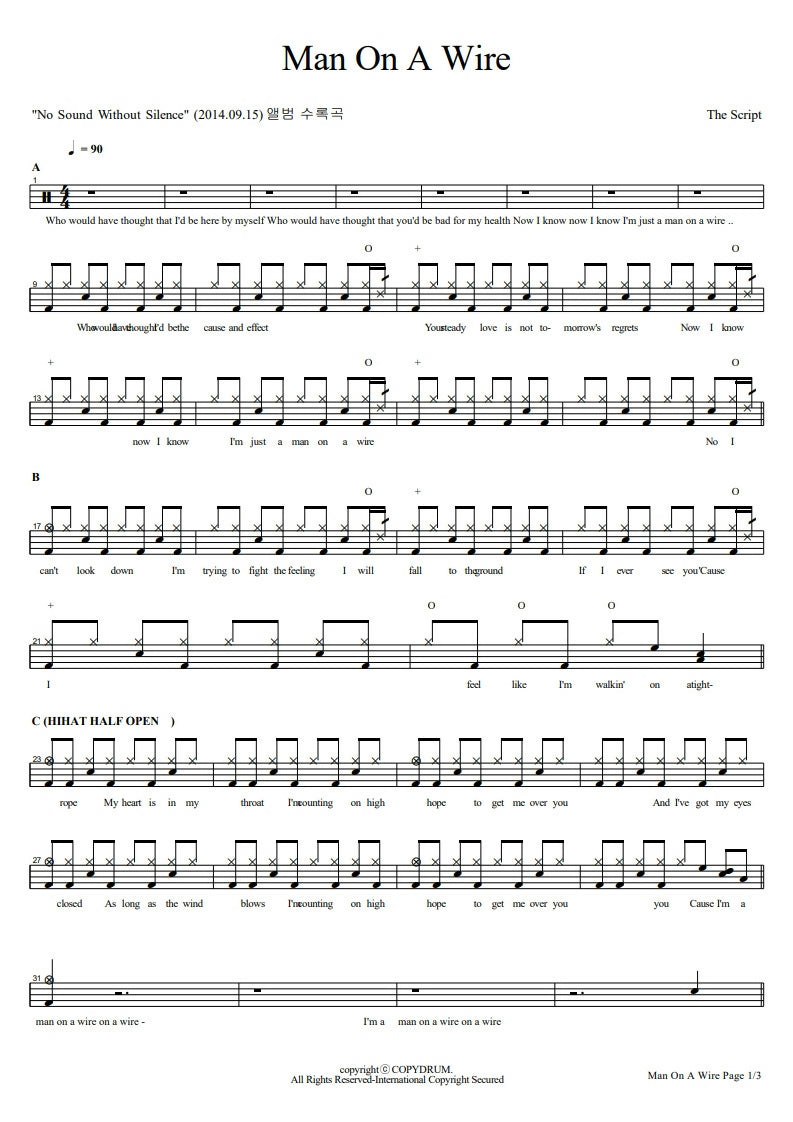 Man on a Wire - The Script - Drum Sheet Music - COPYDRUM – DrumSetSheetMusic