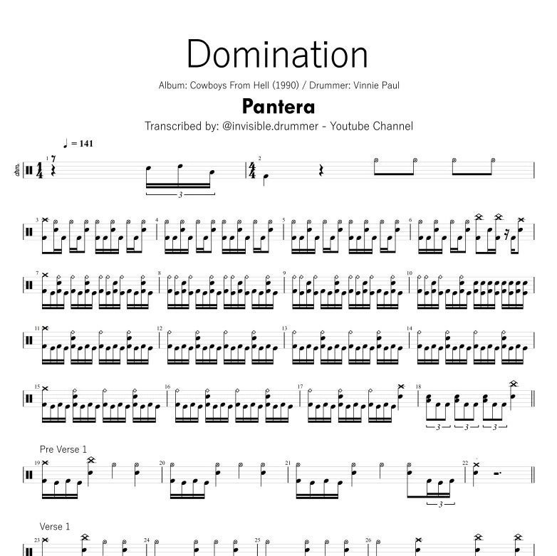 Domination - Pantera - Drum Sheet Music - Smdrums – DrumSetSheetMusic