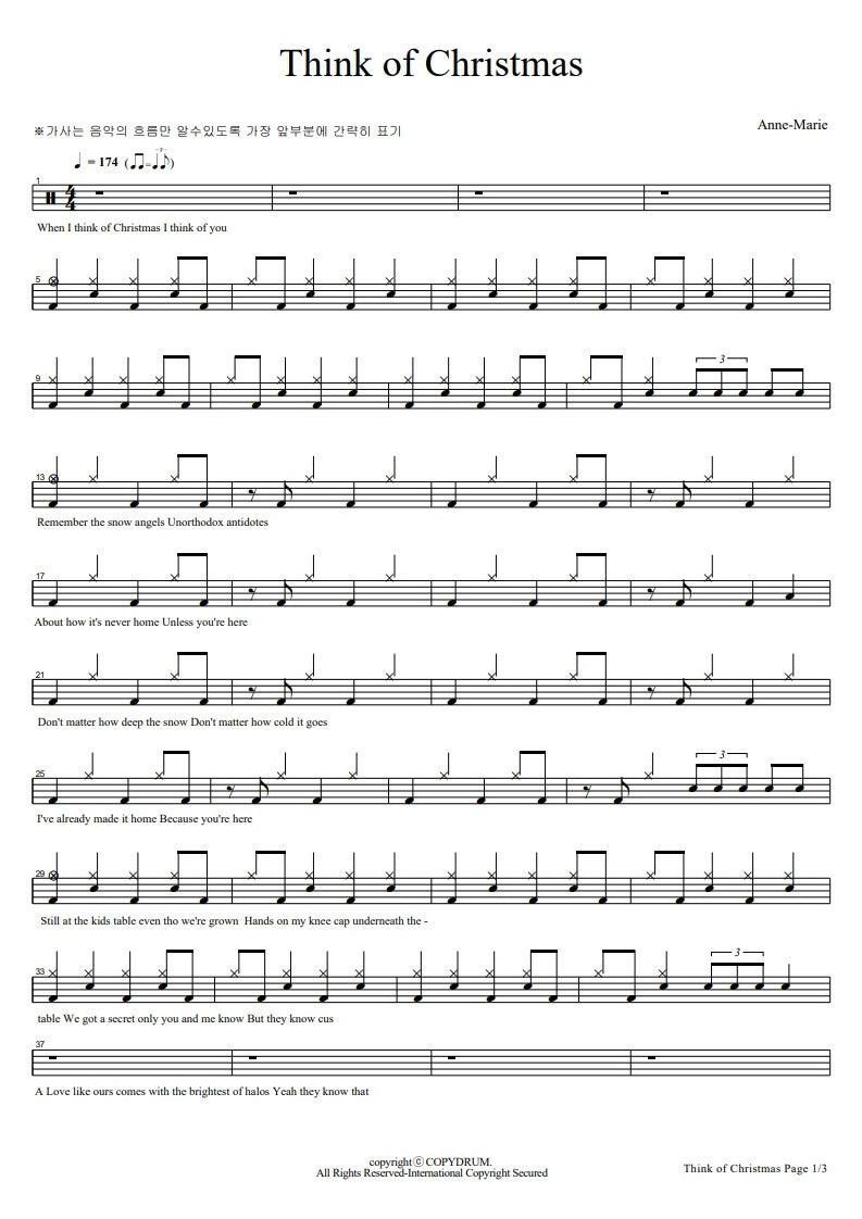 Think of Christmas - Anne Marie - Drum Sheet Music - COPYDRUM ...