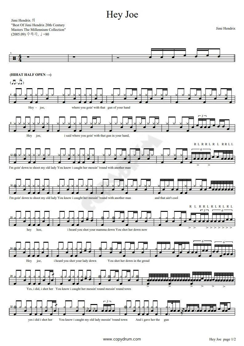 Hey Joe - The Jimi Hendrix Experience - Drum Sheet Music - COPYDRUM – DrumSetSheetMusic