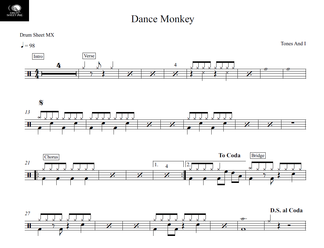 Dance Monkey - Tones and I - Drum Sheet Music - Drum Sheet MX ...