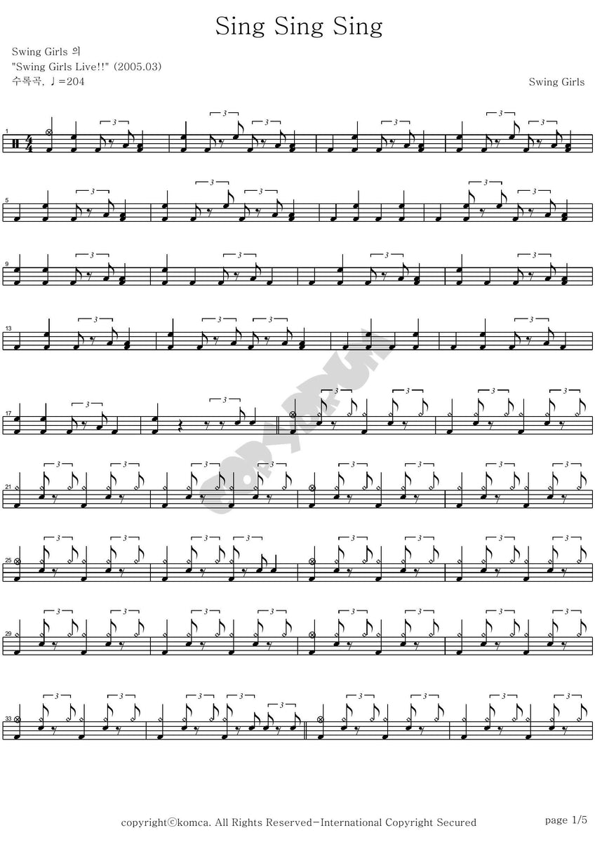 Sing Sing Sing - Swing Girls - Full Drum Transcription / Drum Sheet Mu – DrumSetSheetMusic