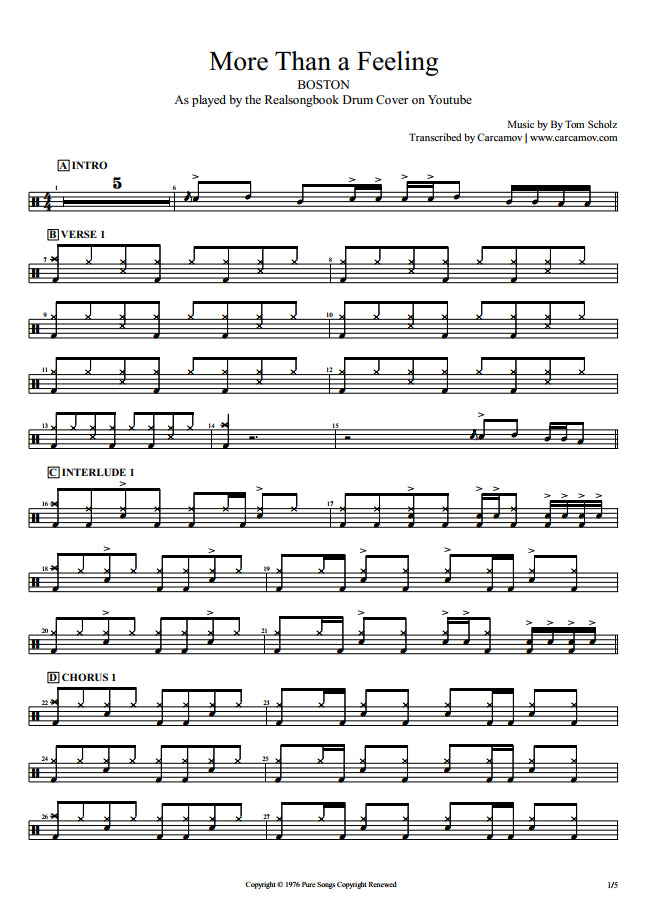 More Than a Feeling - Boston - Drum Sheet Music - Realsongbook ...
