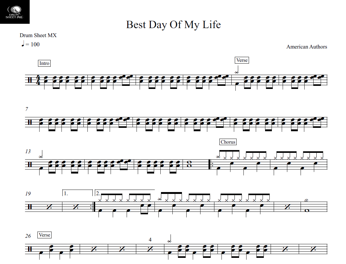 Best Day of My Life - American Authors - Drum Sheet Music - Drum Sheet ...