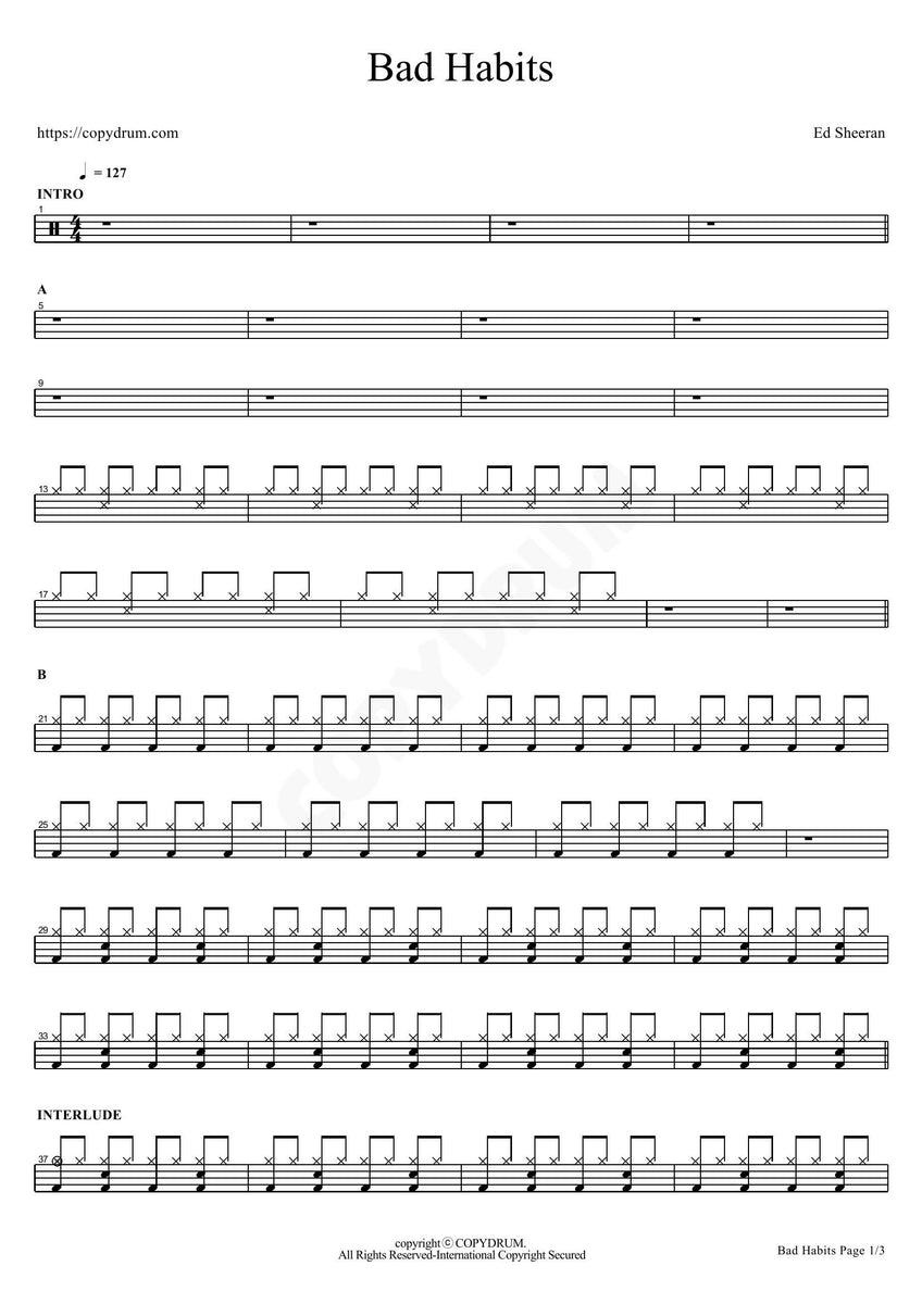 Bad Habits - Ed Sheeran - Drum Sheet Music - COPYDRUM – DrumSetSheetMusic